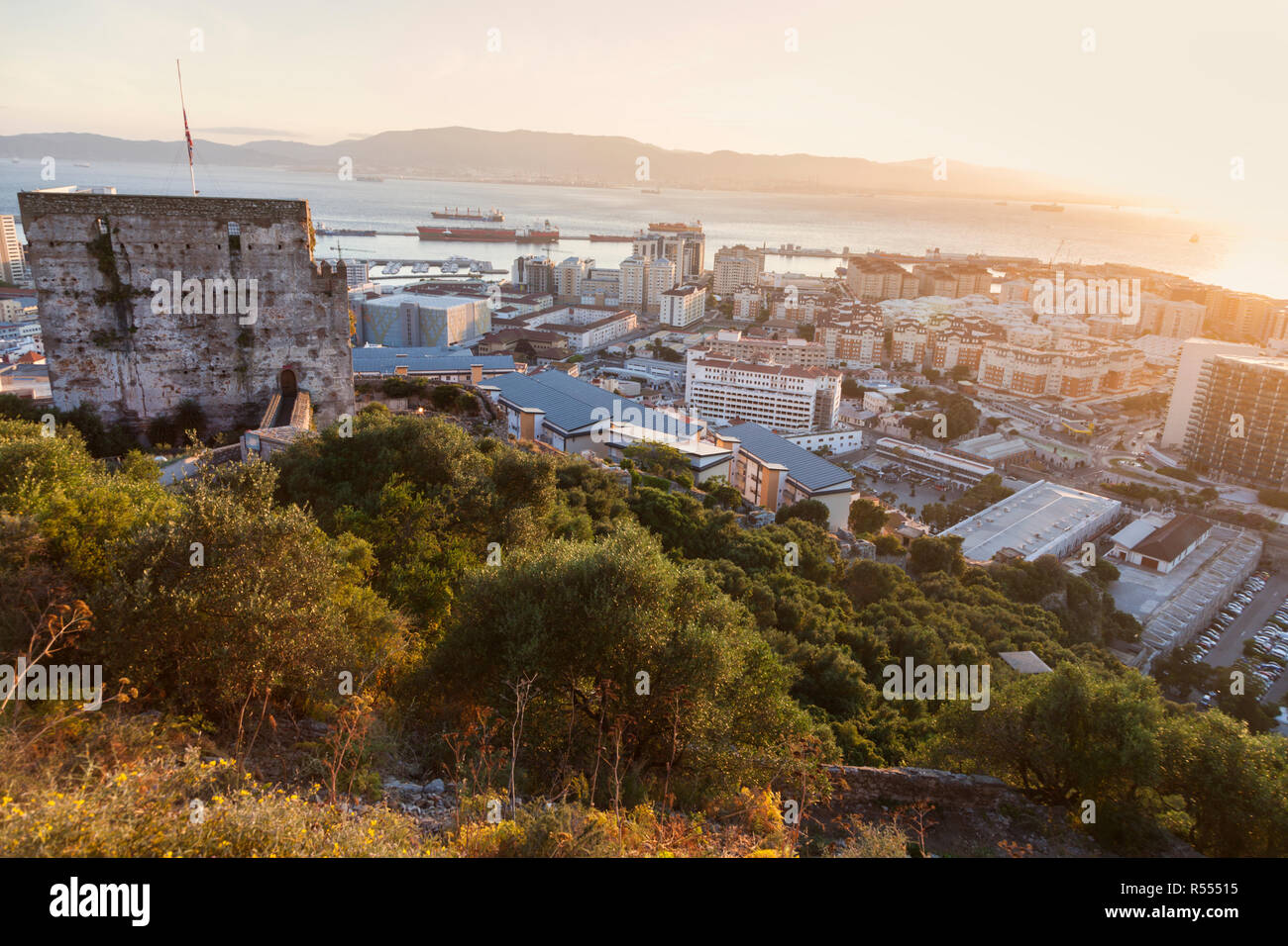 Panorama of Gibraltar at sunset. Gibraltar, Gibraltar Stock Photo - Alamy