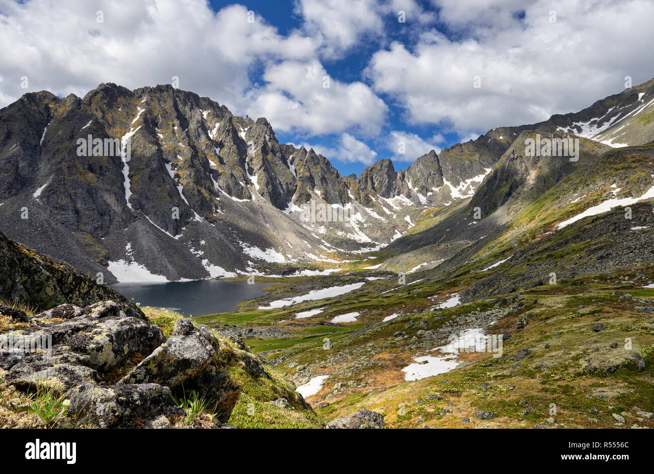 Siberian mountain tundra on summer afternoon. Eastern Sayan. Central ...