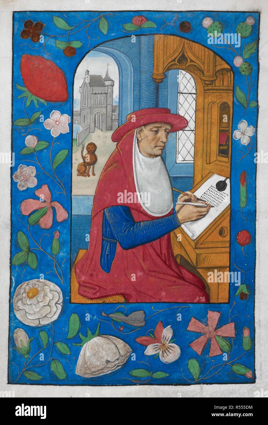 S. Jerome writing at a desk; a lion in a courtyard outside. HOURS, &c ...