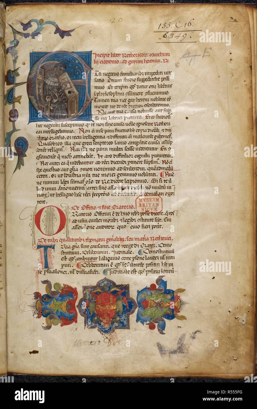 Historiated initial 'E'(tsi) of Cicero writing at a desk. Rhetorica ad ...
