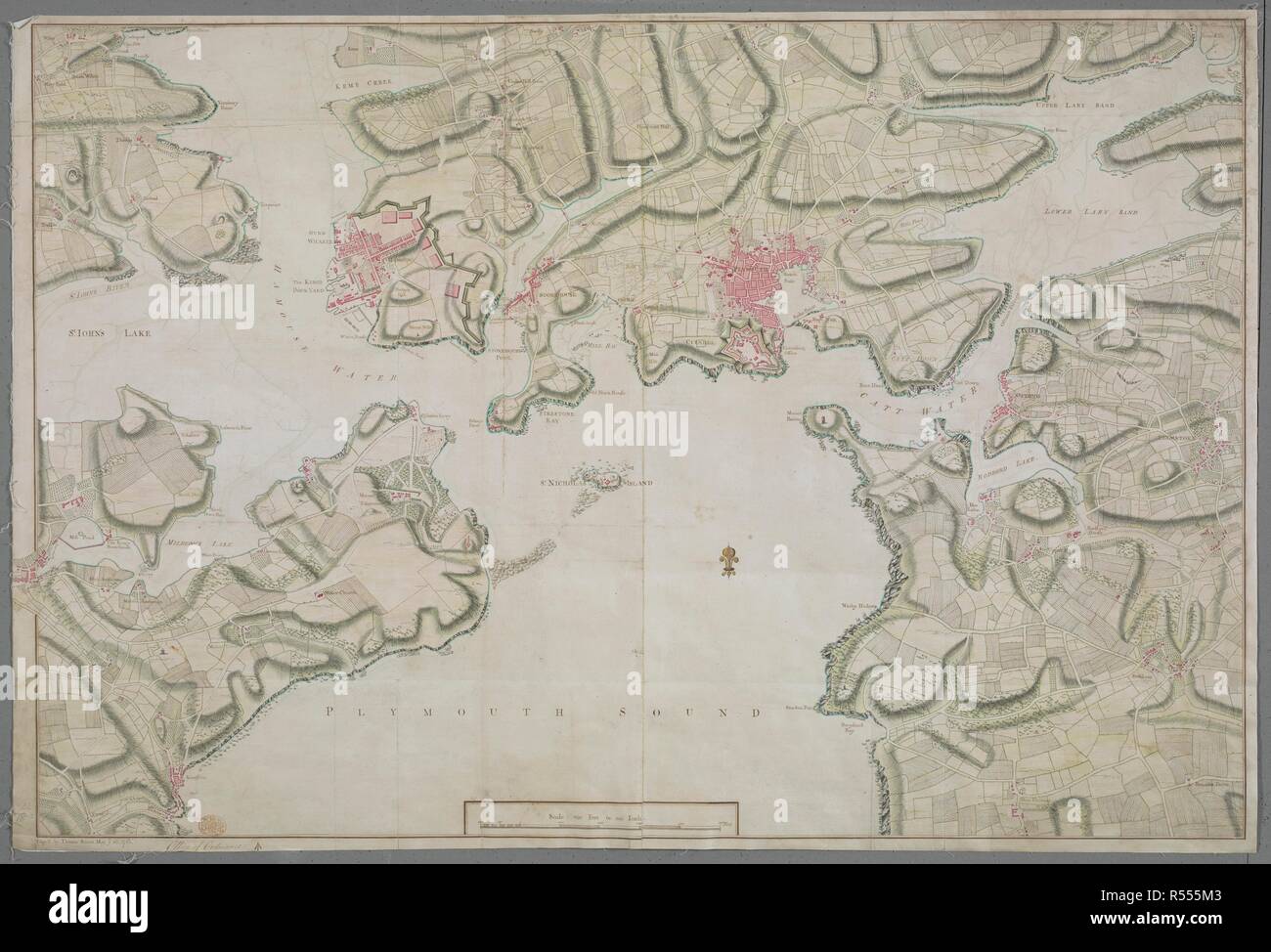 A landscape of Plymouth Sound with limestone quarries and kilns ...
