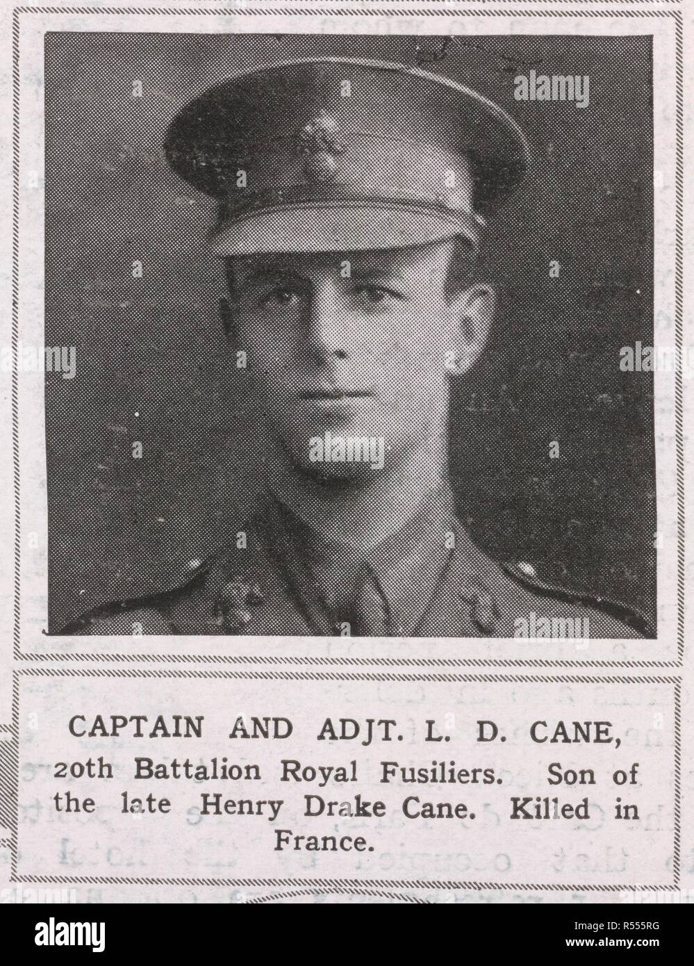 'Captain and Adjt. L.D. Cane, 20th battalion Royal Fusiliers. Son of ...