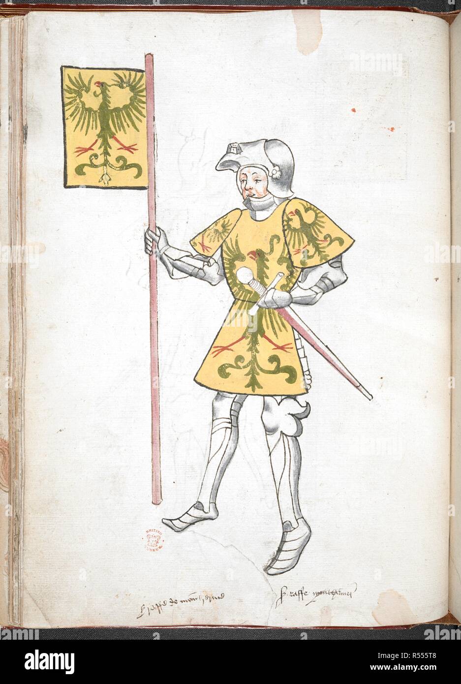 Coloured drawing of a knight in armour and tabard. Legh's Men of Arms ...