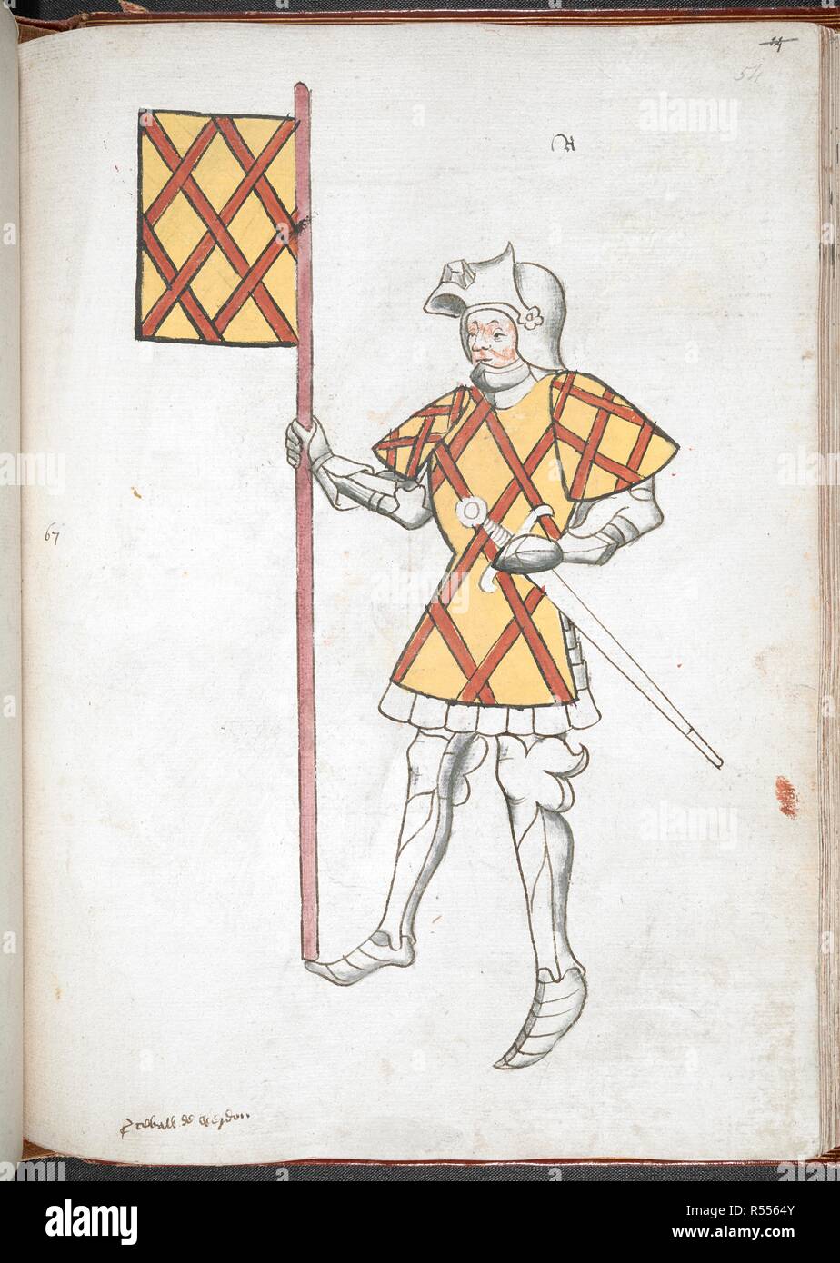 Coloured drawing of a knight in armour and tabard. Legh's Men of Arms ...