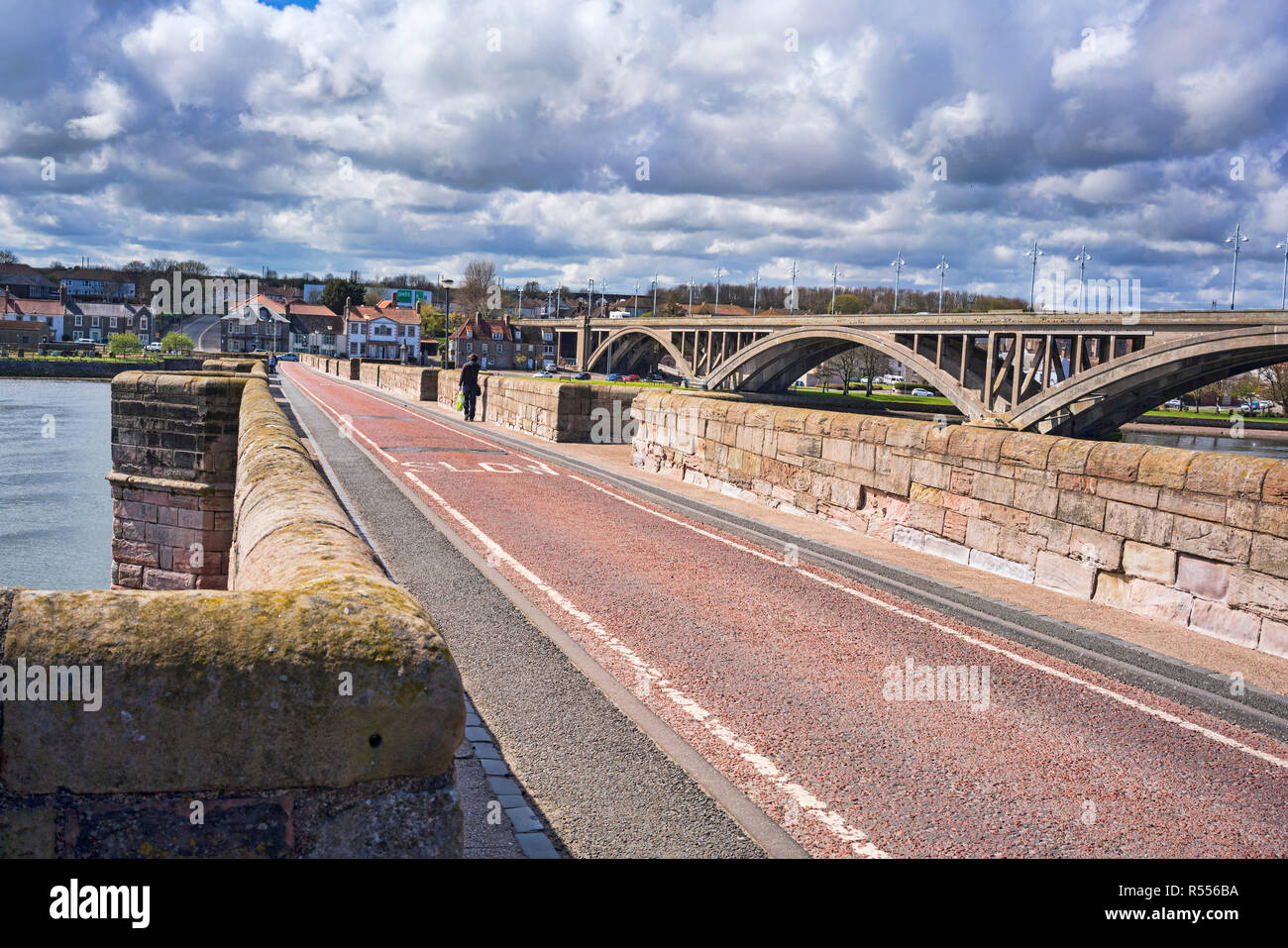 Berwick old bridge, looking across Tweed, River Tweed, Tweedmouth ...