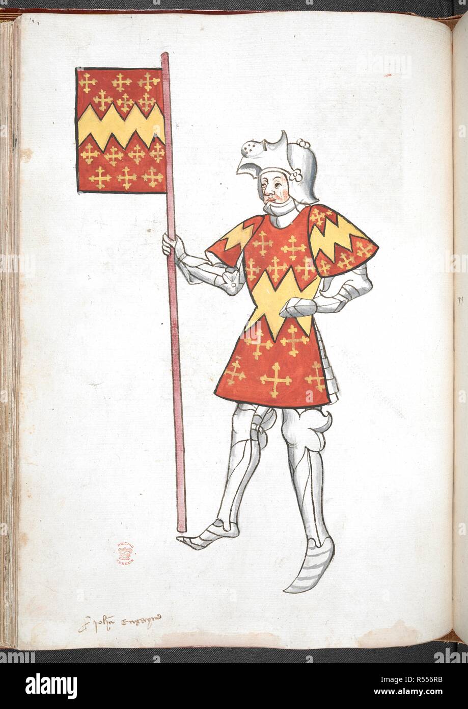 Knight, in armour and tabard, holding a sword and a standard with ...