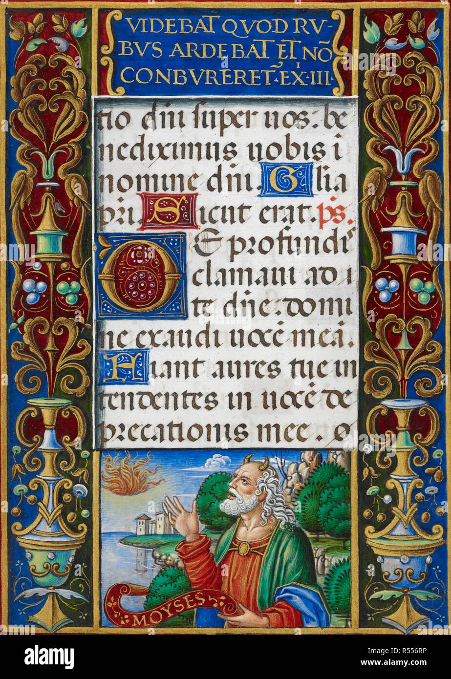Text page from Hours of the Virgin with decorated border showing Moses ...