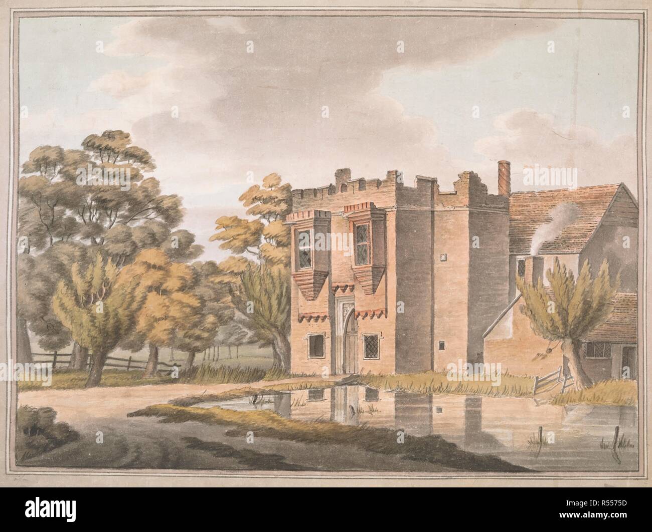 A medieval gatehouse, called Rye House; turrets at its top; water in ...