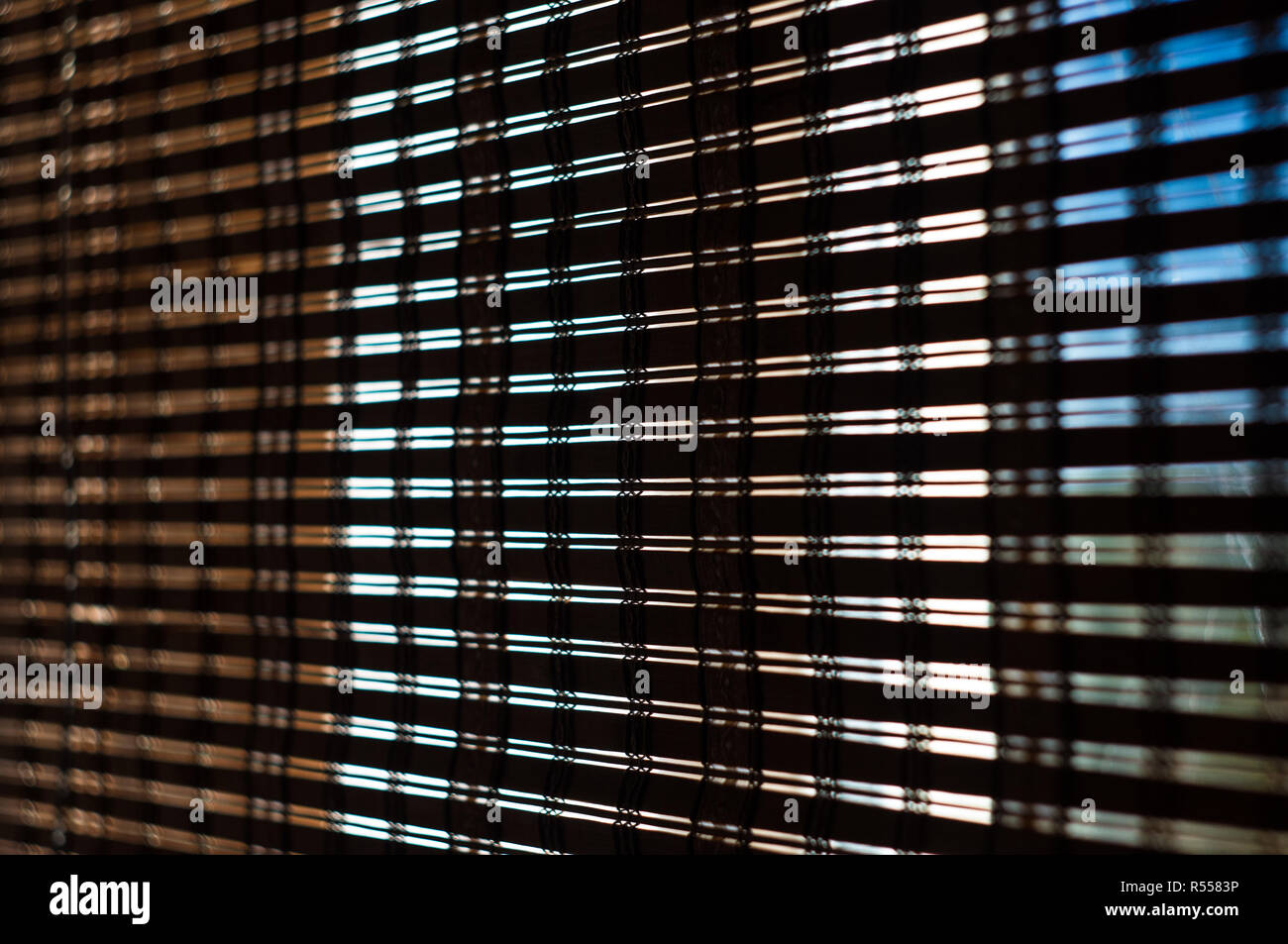 The interior of the home, sunlight shining through the bamboo blinds at ...