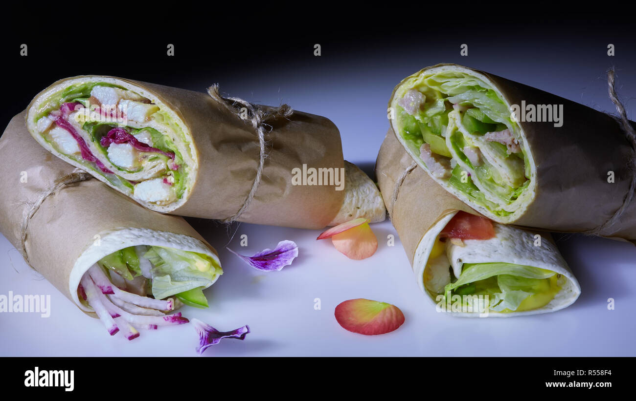 Healthy lunch snack. Stack of mexican street food fajita tortilla wraps ...