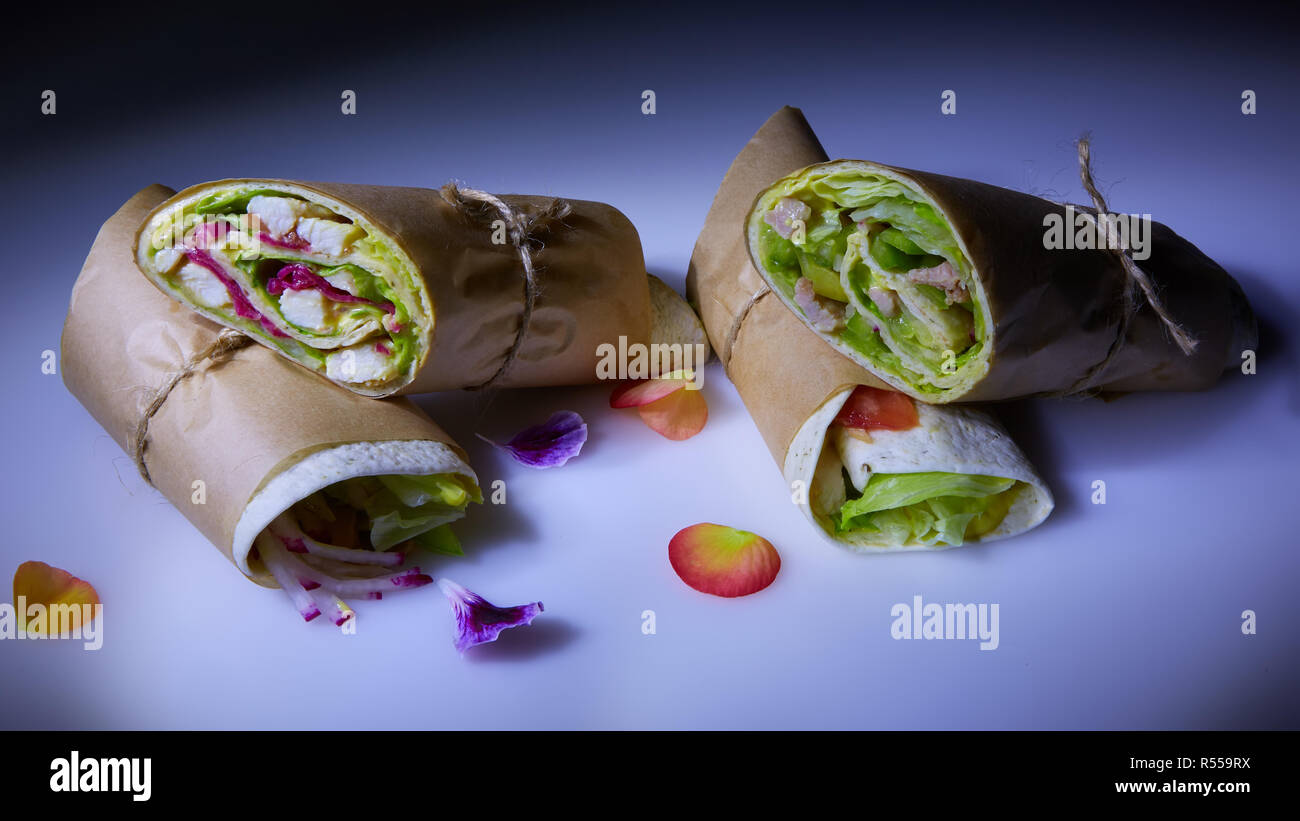 Healthy lunch snack. Stack of mexican street food fajita tortilla wraps ...