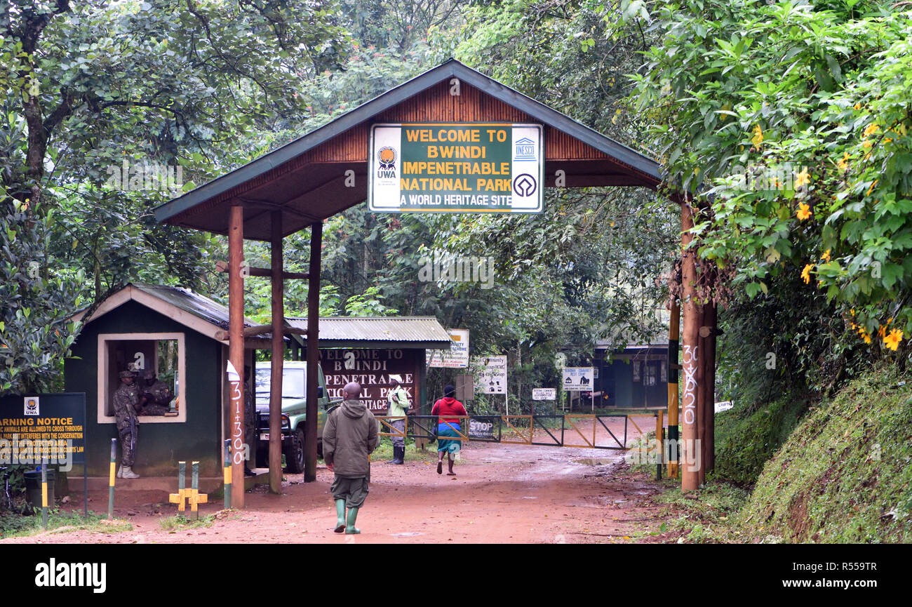 Entrance gate to the Bwindi Impenetrable National Park, Bwindi, Uganda ...