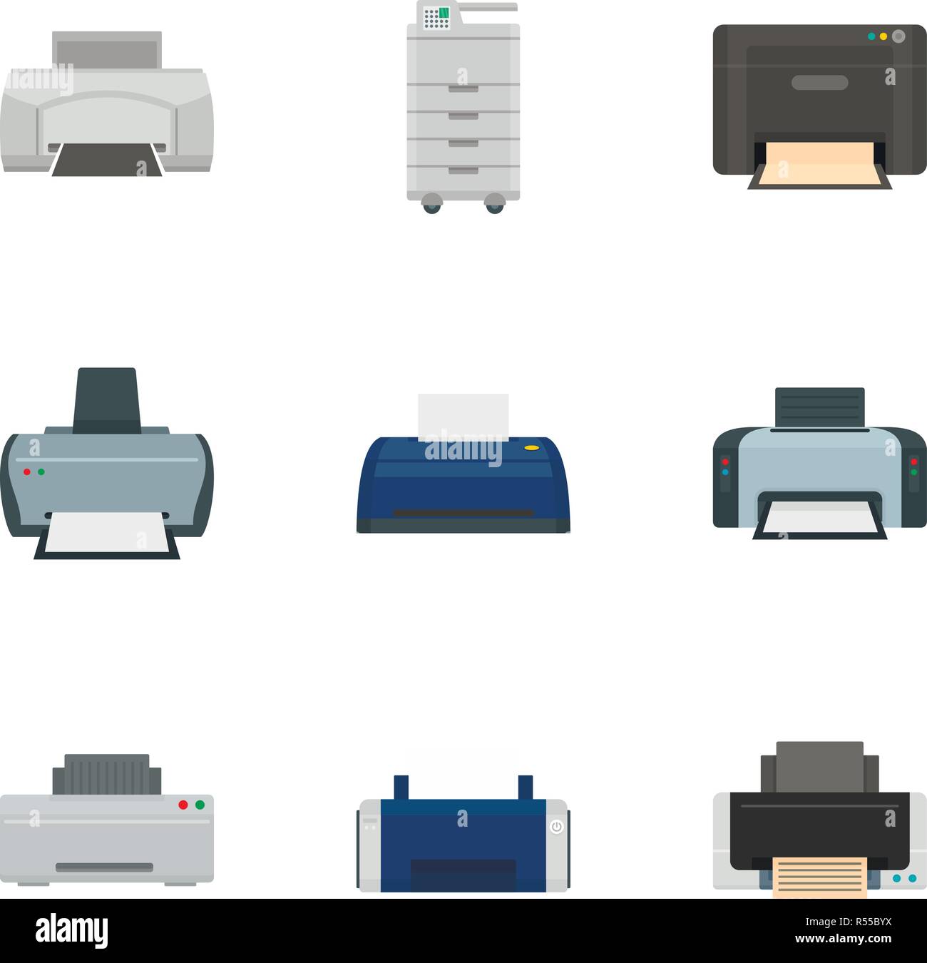 Office printer icon set. Flat set of 9 office printer vector icons for ...