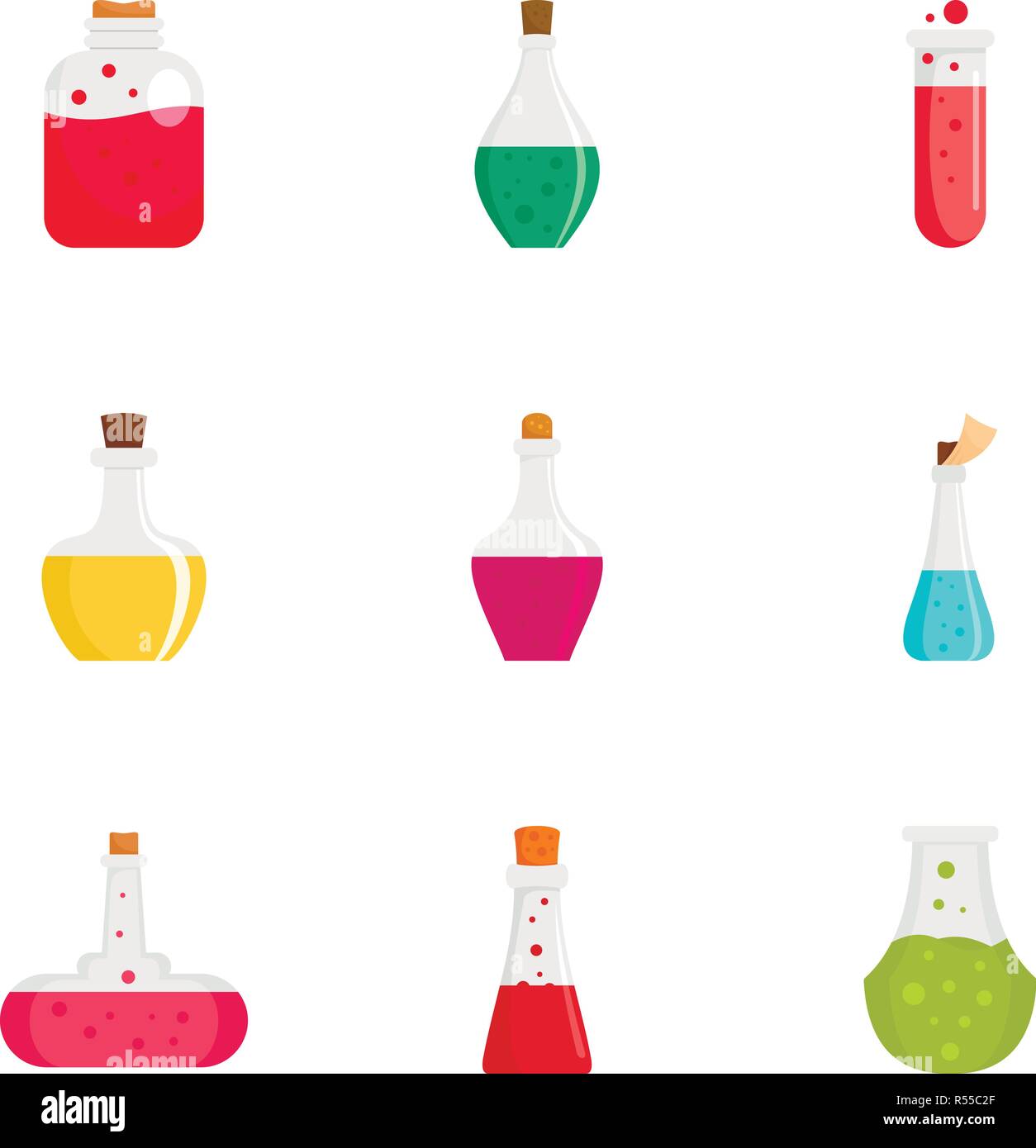 Alchemy potion icon set. Flat set of 9 alchemy potion vector icons for ...