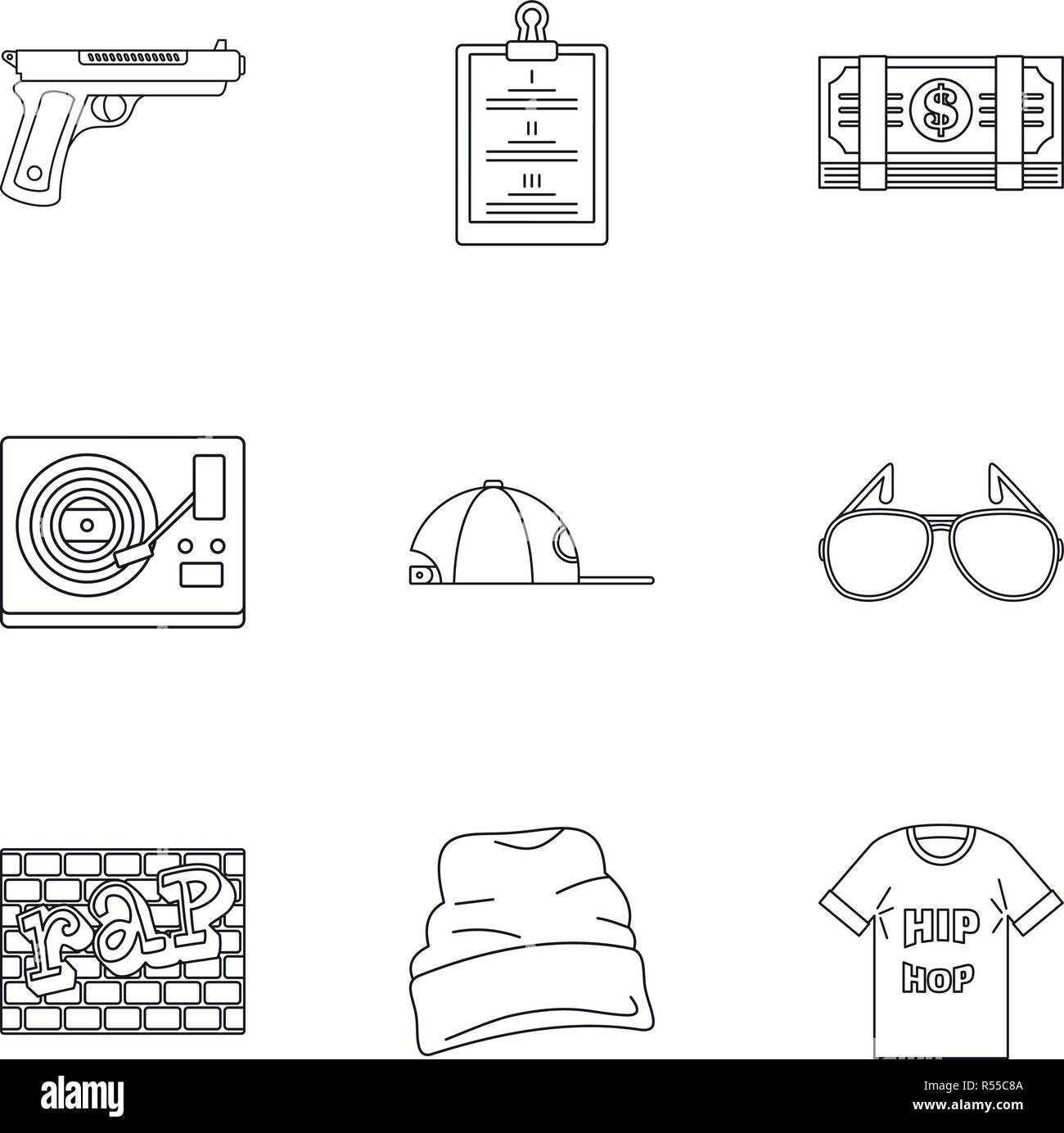 Street rap icon set. Outline set of 9 street rap vector icons for web ...