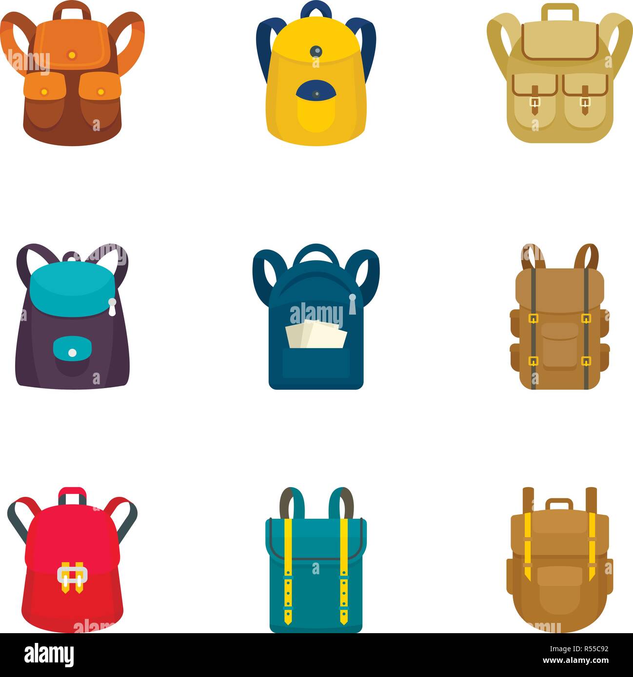 Climbing backpack icon set. Flat set of 9 climbing backpack vector ...