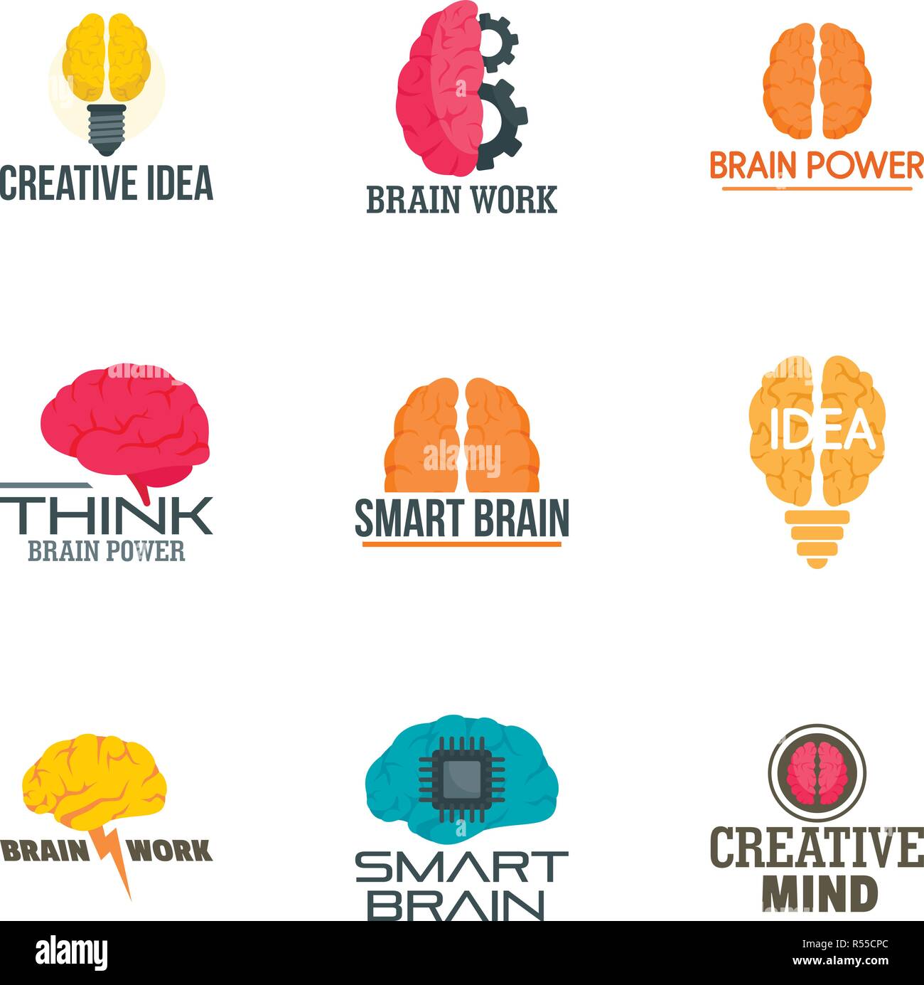 Brain idea logo set. Flat set of 9 brain idea vector logo for web ...