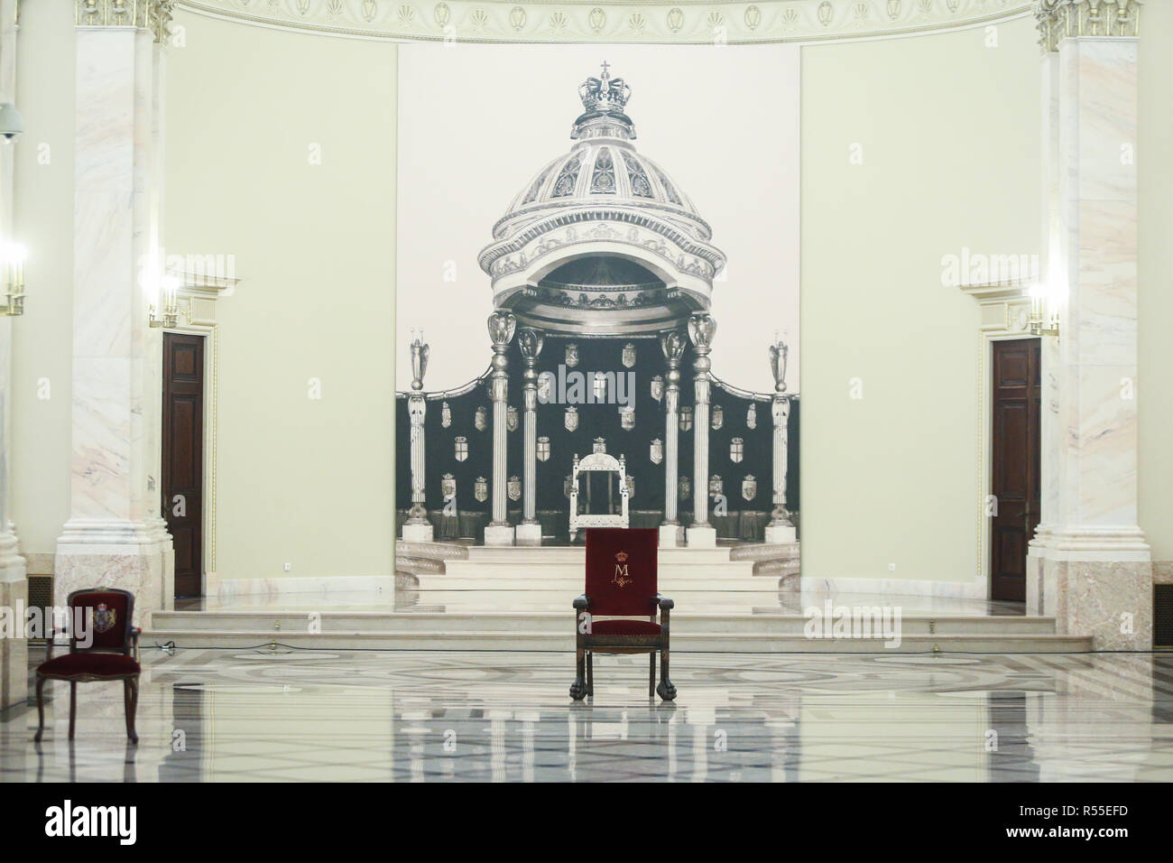 BUCHAREST, ROMANIA - November 26, 2018: Royal throne in the Throne Hall ...