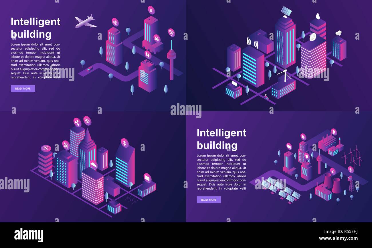 Intelligent building banner set. Isometric set of intelligent building ...