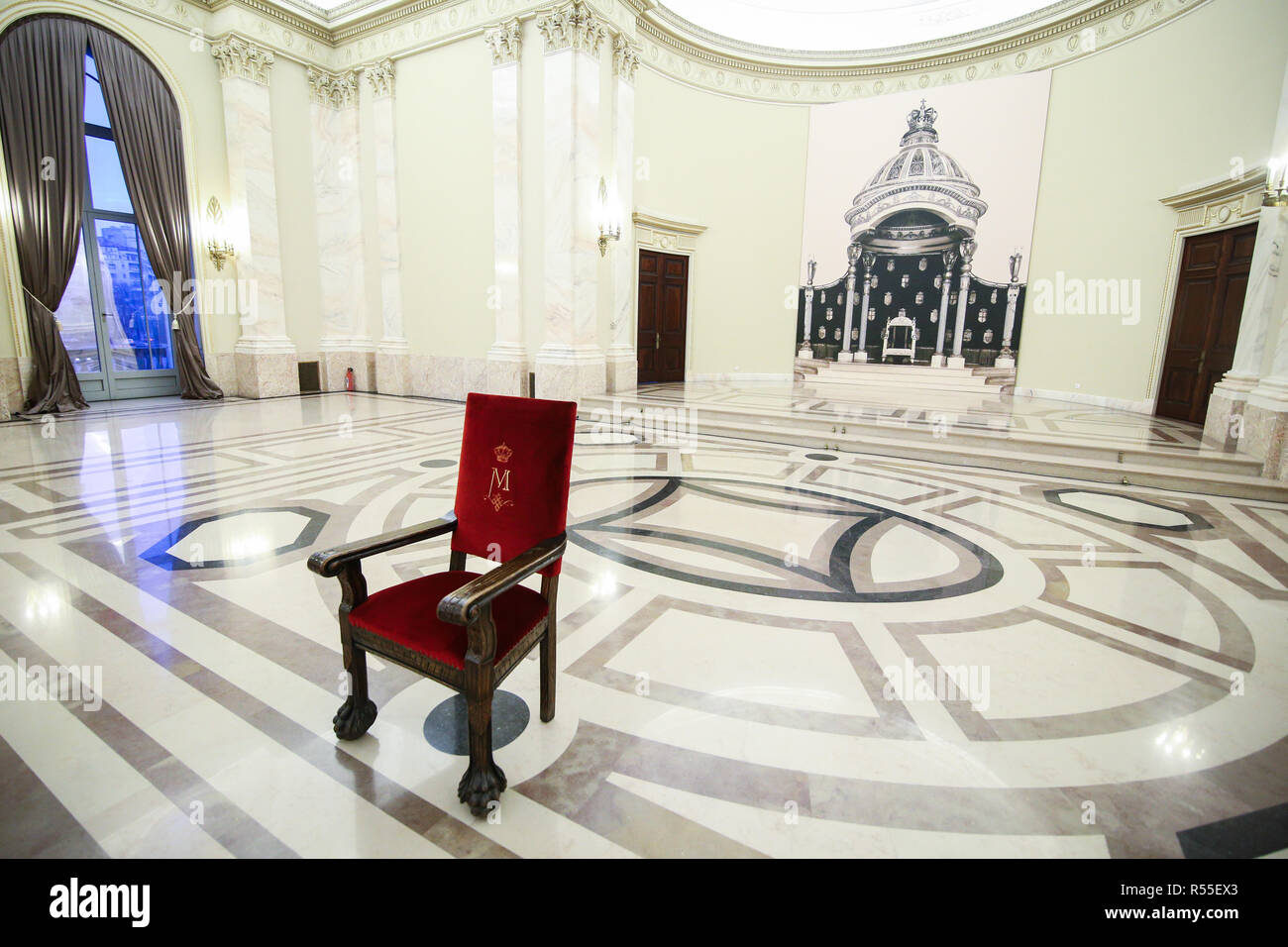 BUCHAREST, ROMANIA - November 26, 2018: Royal throne in the Throne Hall ...