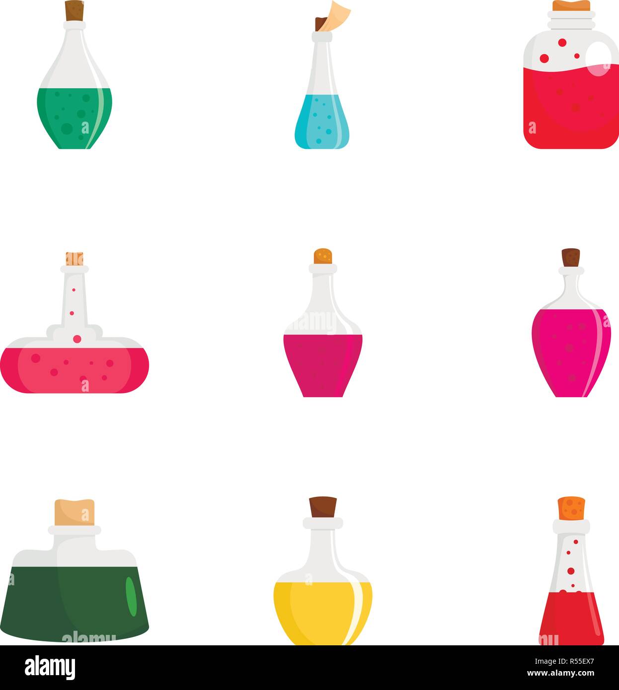 Elixir potion icon set. Flat set of 9 elixir potion vector icons for ...
