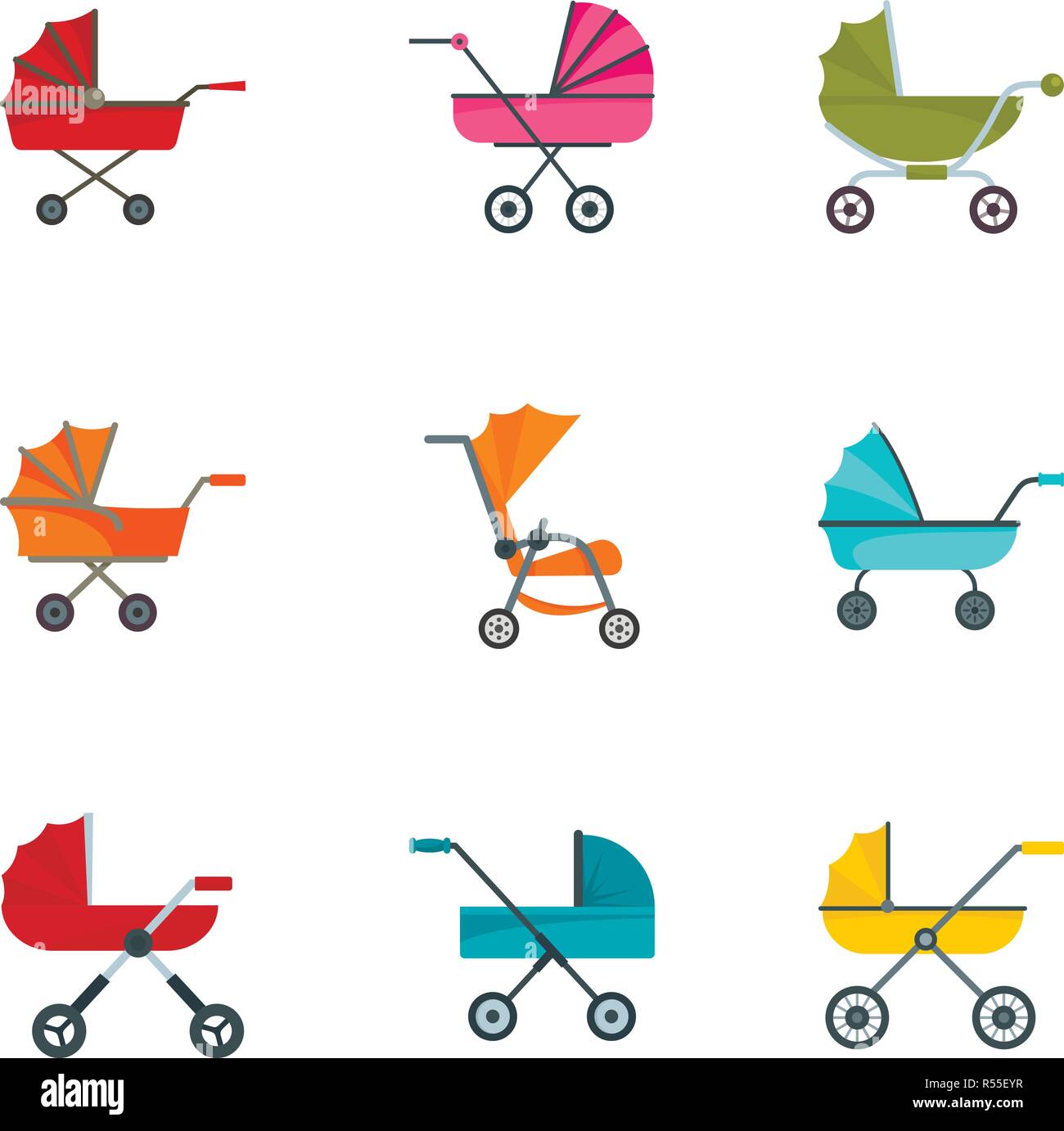 Baby stroller icon set. Flat set of 9 baby stroller vector icons for ...
