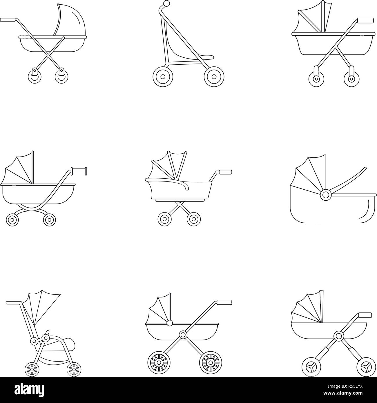 Baby stroller icon set. Outline set of 9 baby stroller vector icons for ...