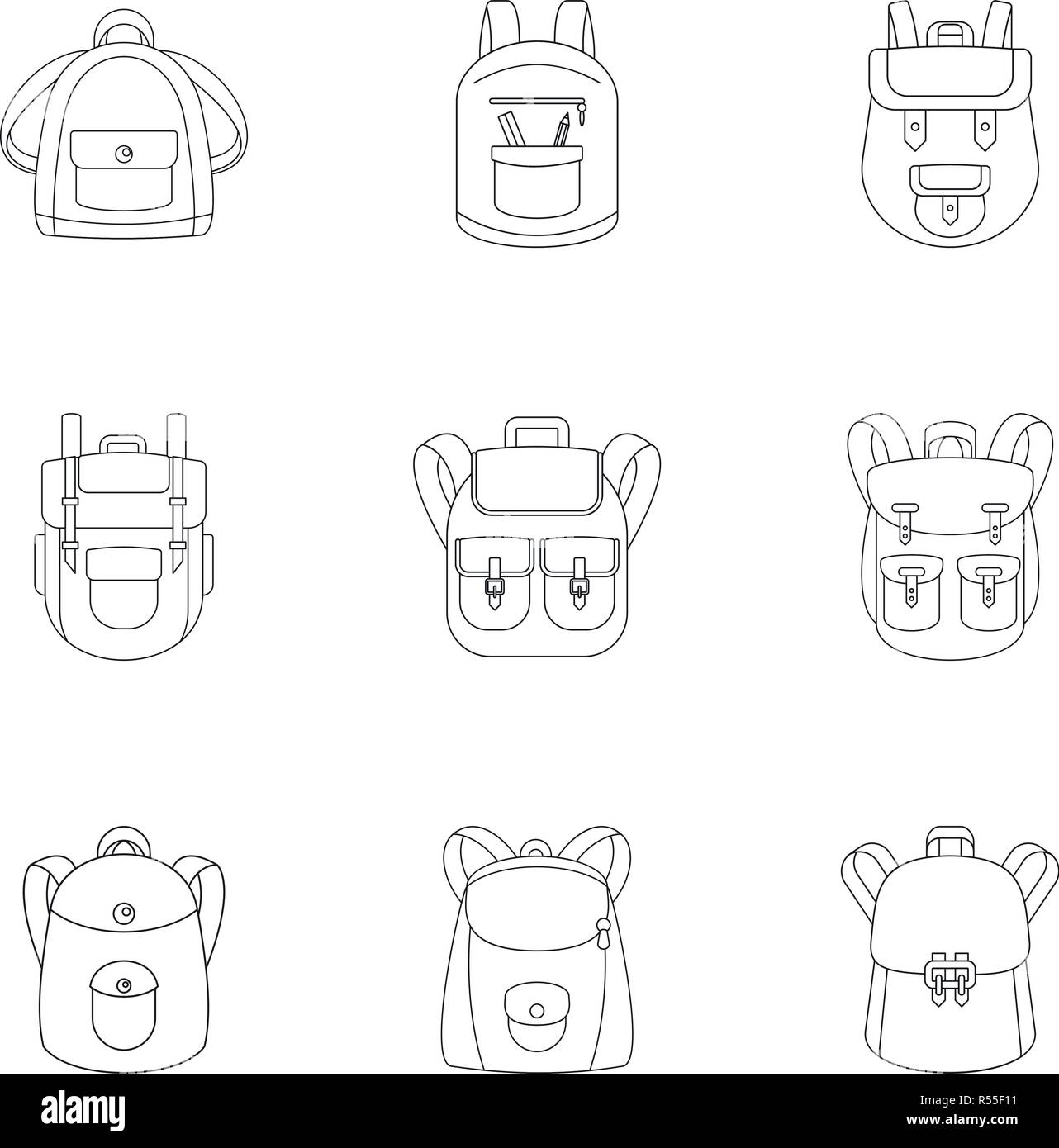 Preschool backpack icon set. Outline set of 9 preschool backpack vector ...
