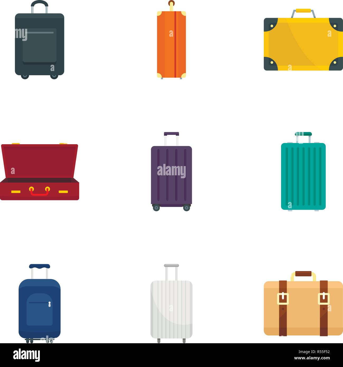 Travel luggage icon set. Flat set of 9 travel luggage vector icons for ...
