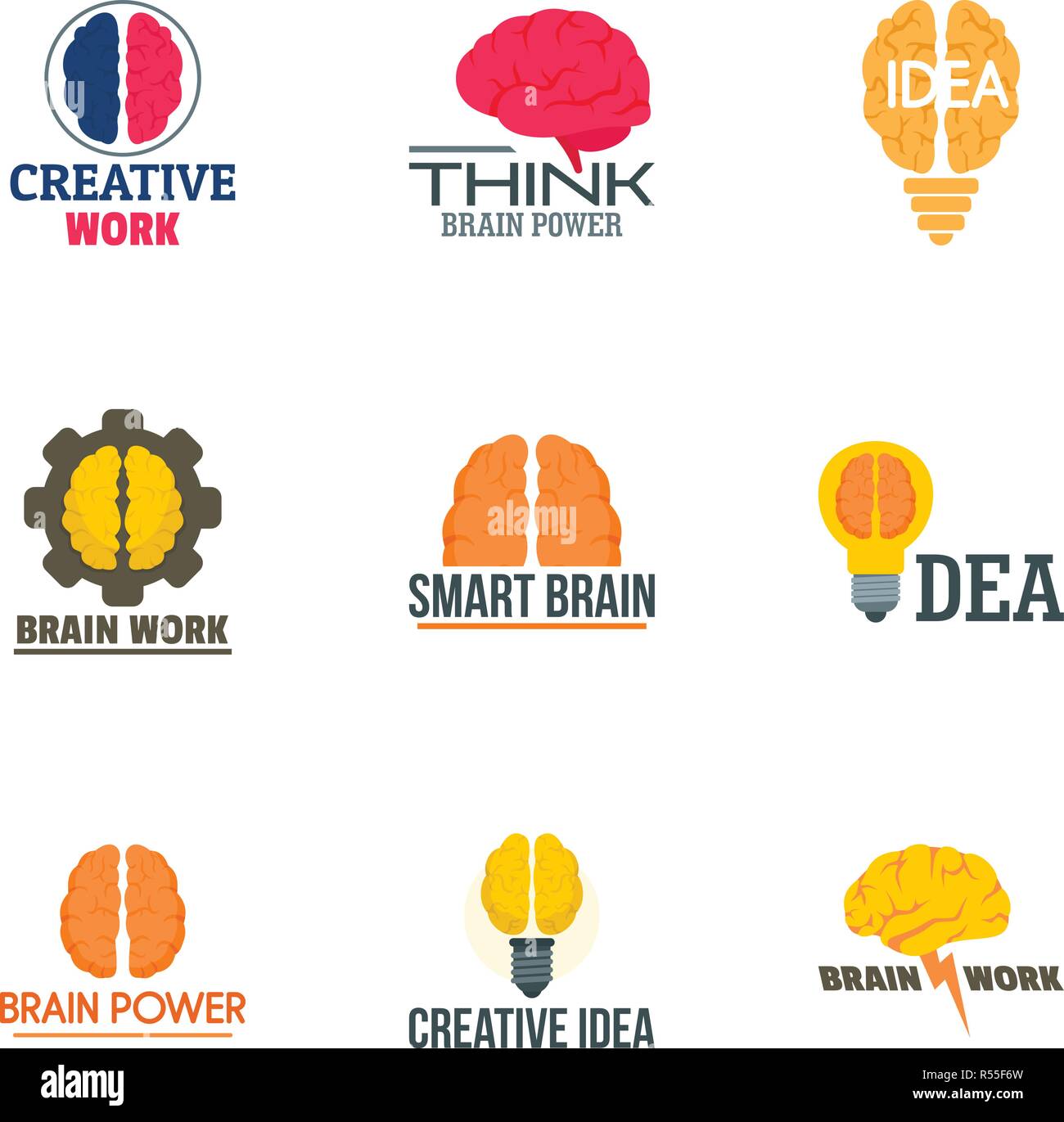 Brain concept logo set. Flat set of 9 brain concept vector logo for web ...