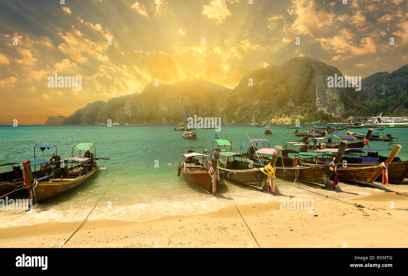Tonsai Beach Bay at sunset, Phi Phi island, Krabi Province Stock Photo ...