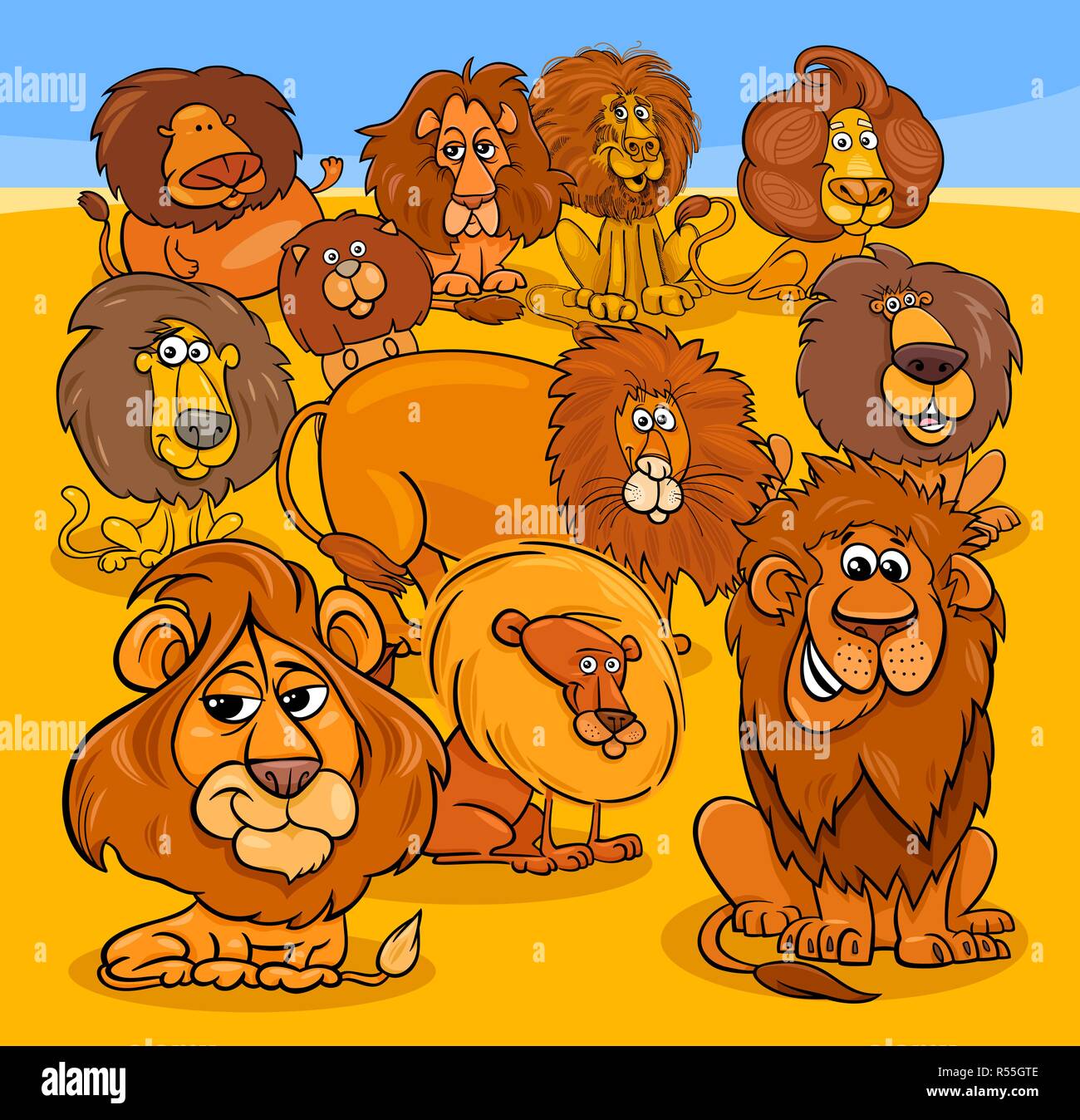 Cartoon Illustration of Funny Lions Animal Characters Group Stock ...