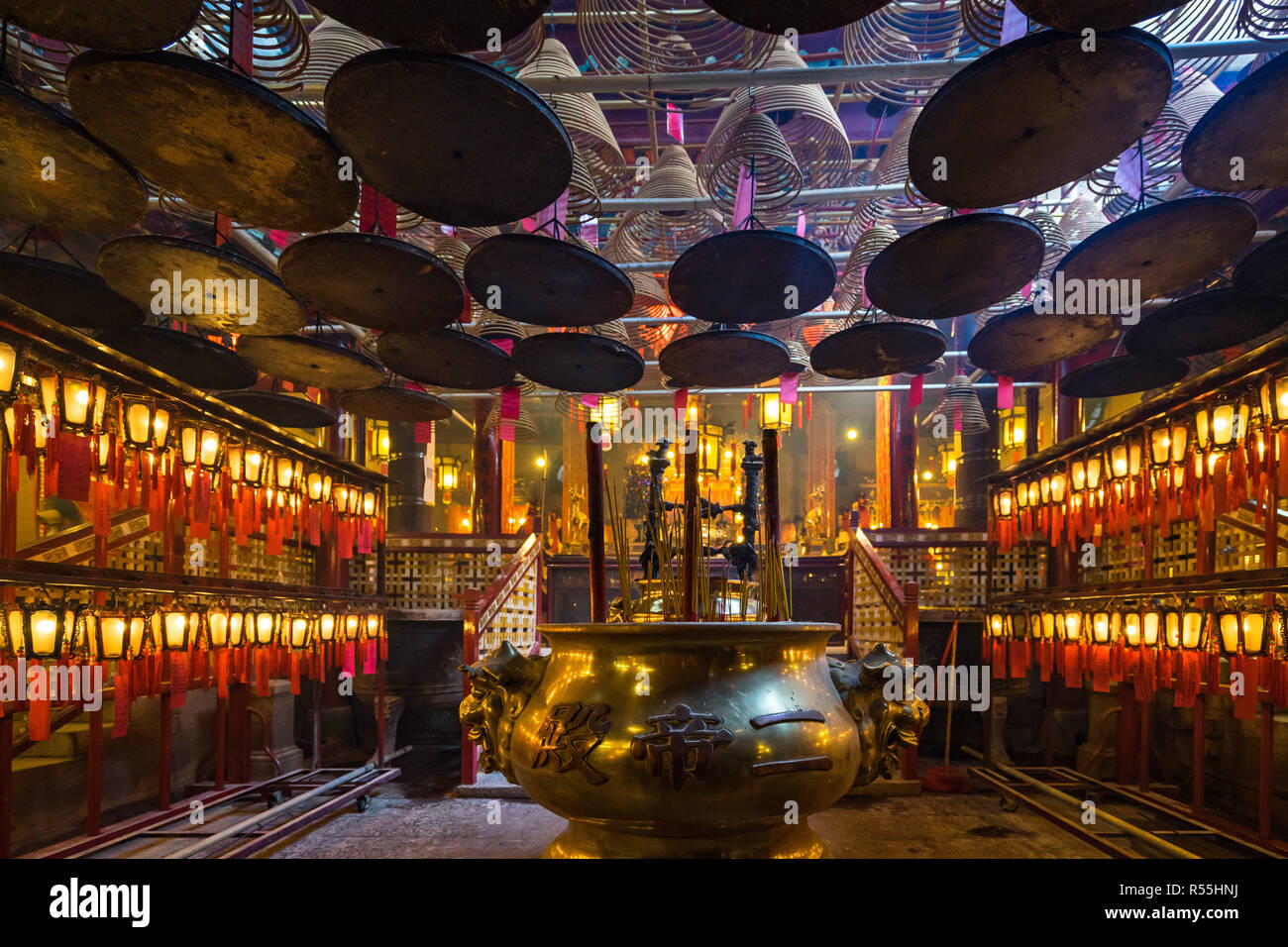 Interior of the Man Mo Temple, a famous Taoist temple in Hong Kong ...