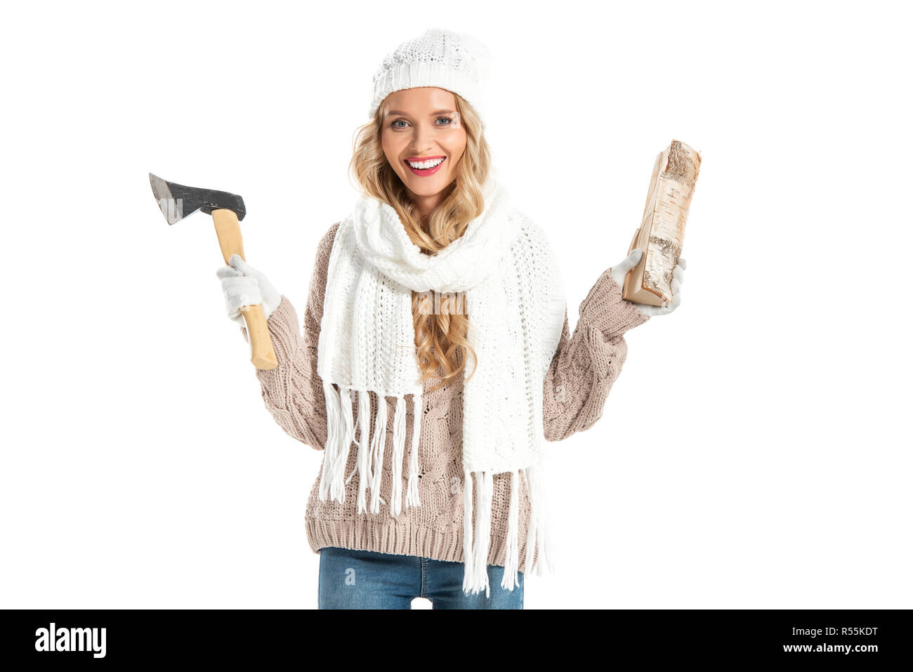 beautiful smiling woman holding axe and one log isolated on white Stock ...