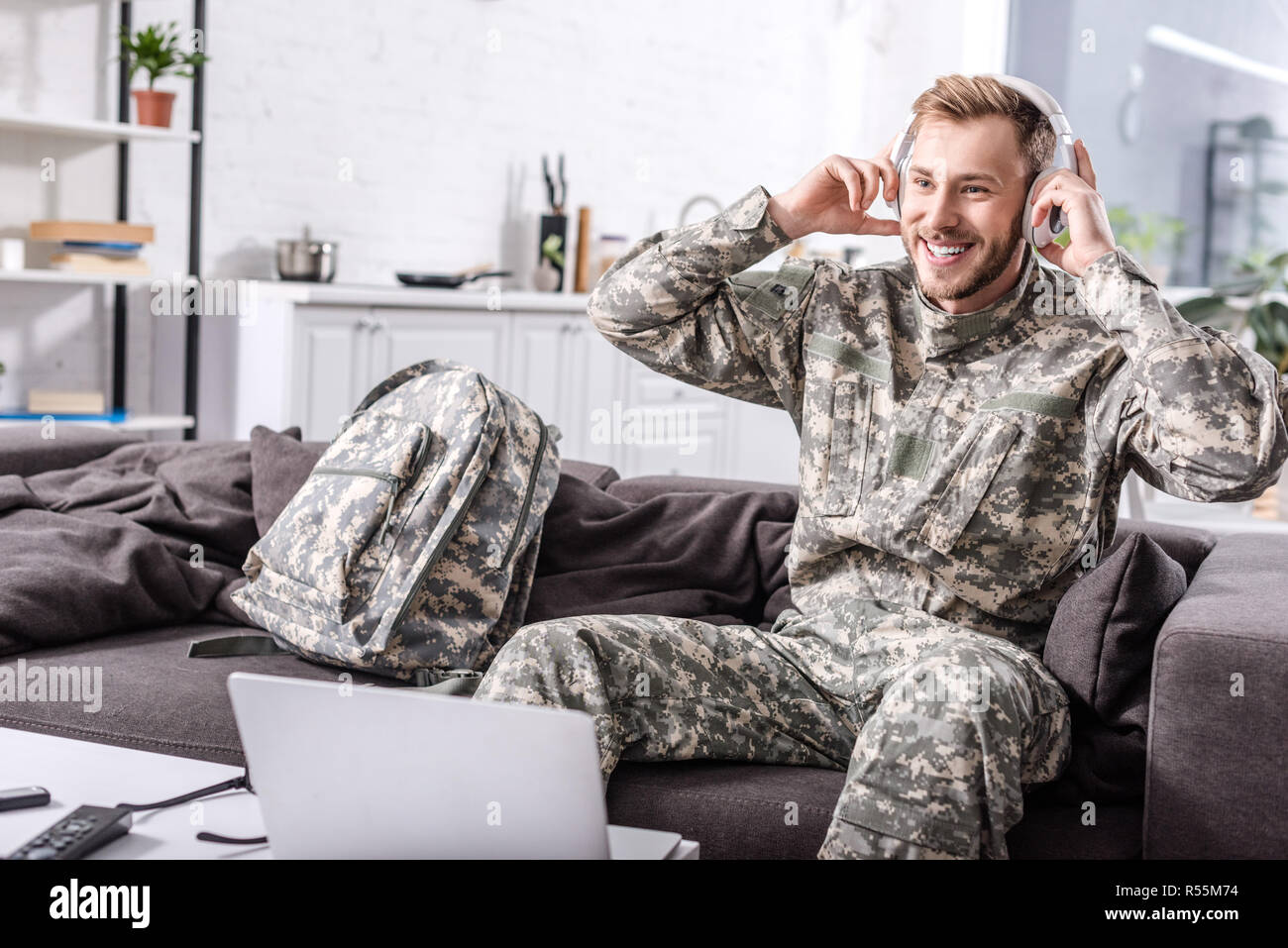 Army soldier technology headphones communication connection sitting hi ...