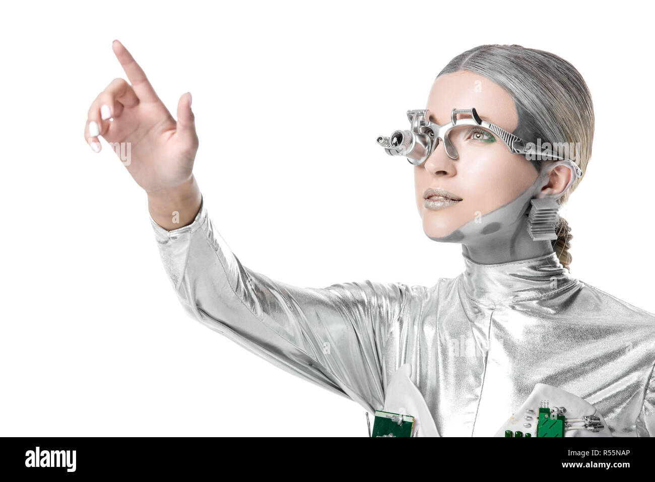 portrait of silver cyborg touching something isolated on white, future ...