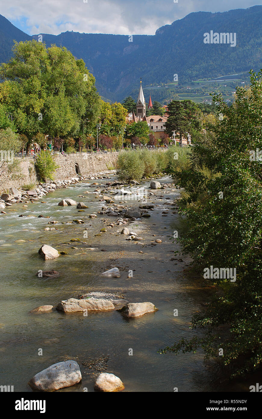 View of Merano Meran, a town in south tyrol italy, crossed by the ...