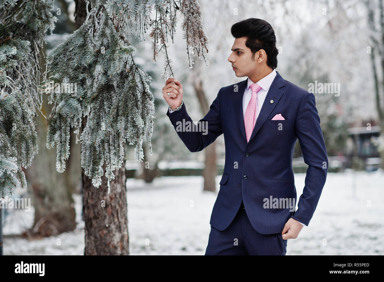 Elegant indian macho man model on suit and pink tie posed on winter day ...