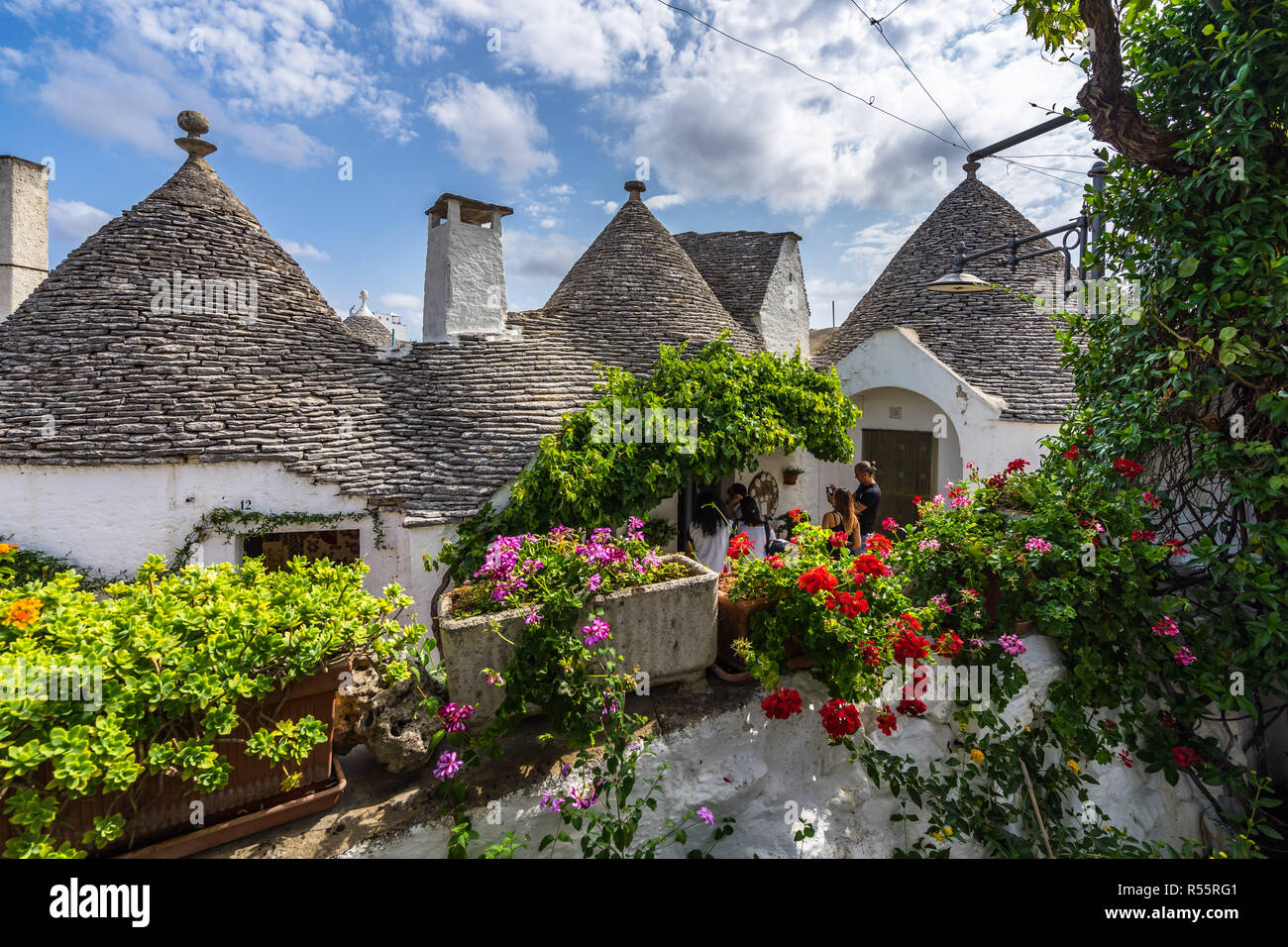 Colorful plants and flowers decorating the trulli of Alberobello ...