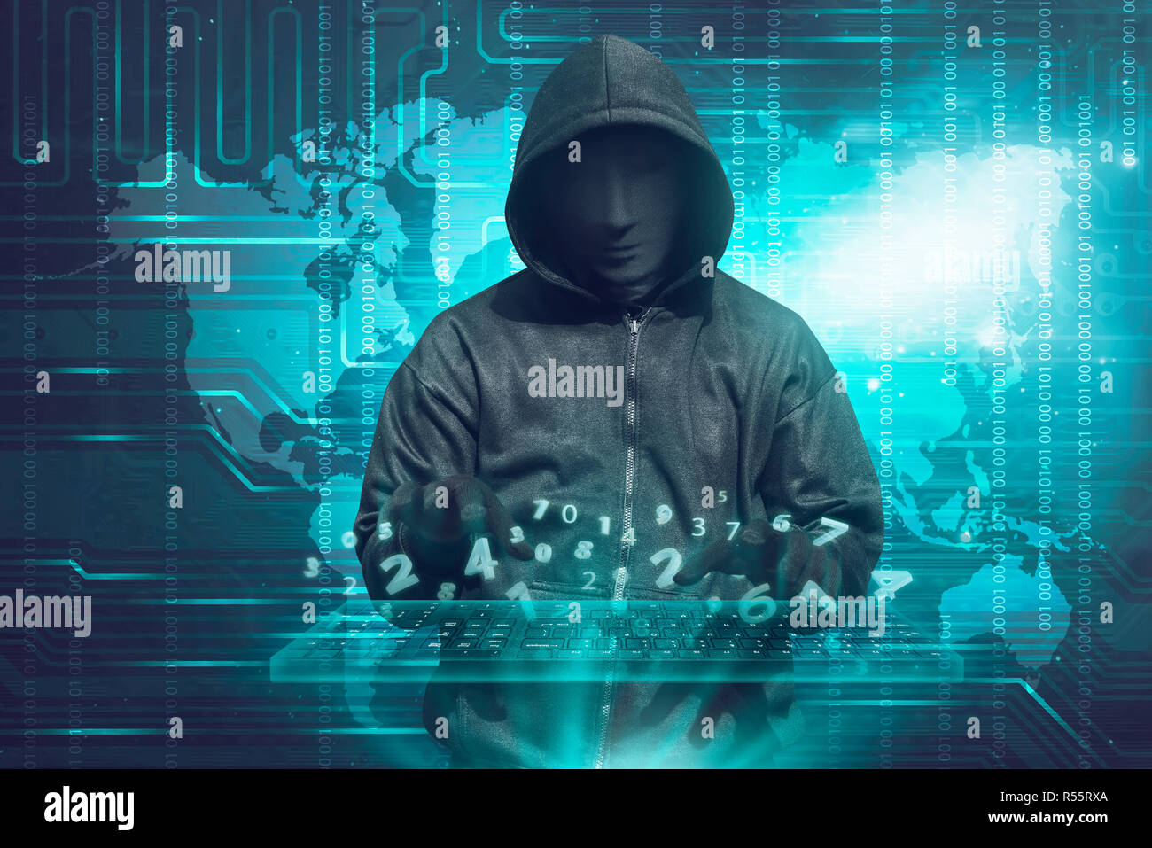 Hacker in mask typing keyboard hacking binary data Stock Photo - Alamy