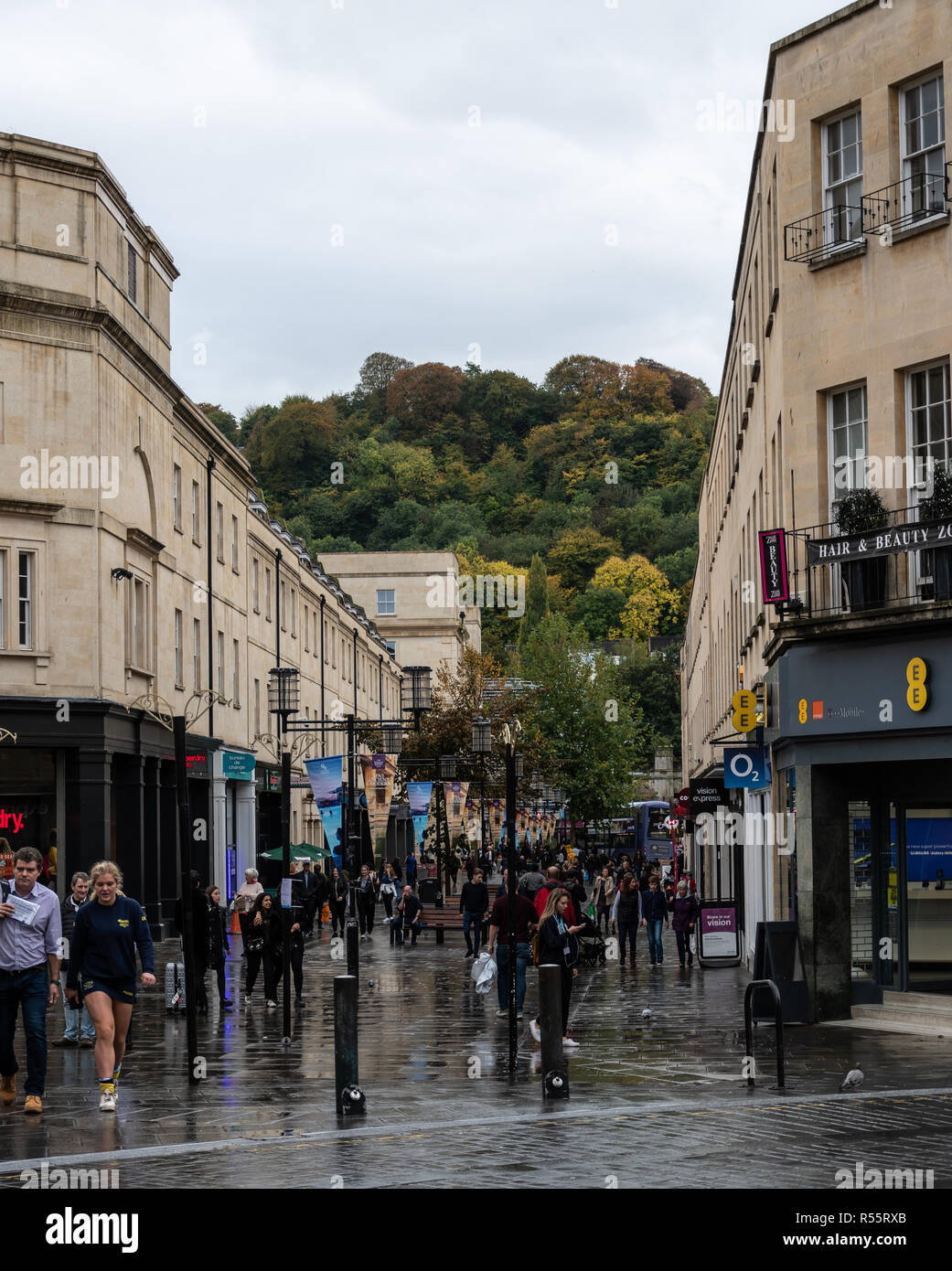 Bath, United Kingdom - October 13 2018: A view of shops and shoppers ...