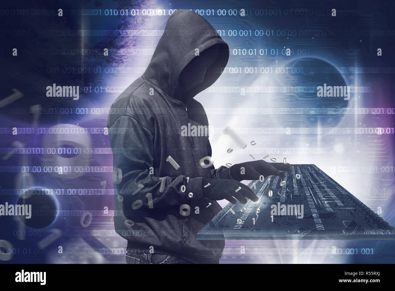 Hooded hacker man with vendetta mask typing on virtual keyboard Stock ...