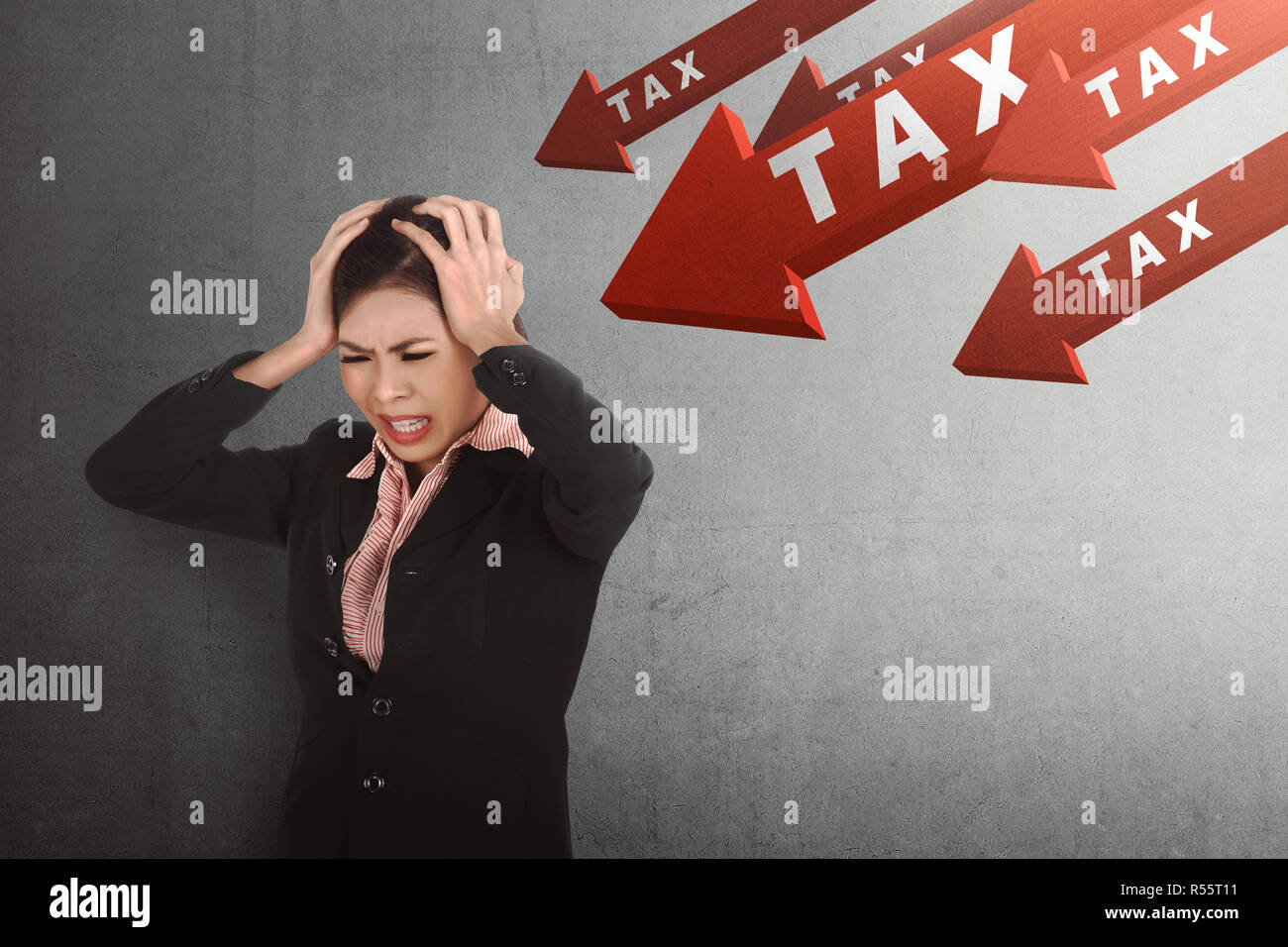 Beautiful asian business woman confused because should paying tax Stock ...