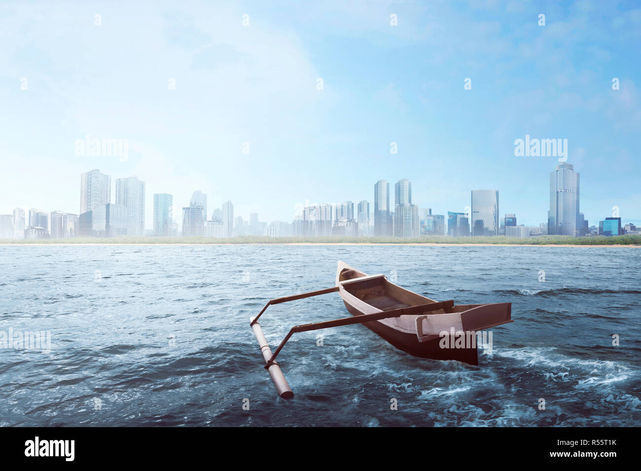 Wooden boat float with wave water Stock Photo - Alamy