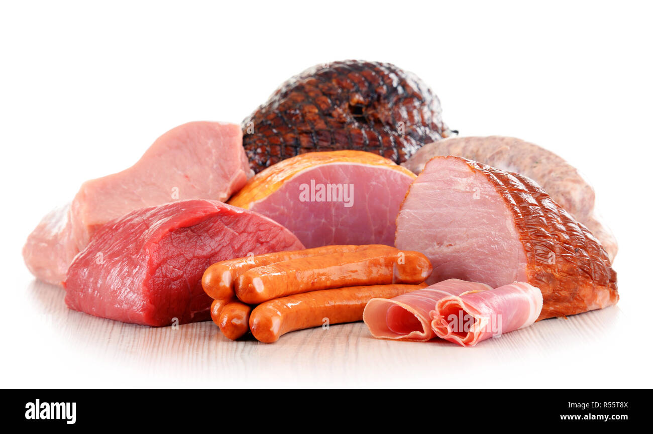Meat products including ham and sausages isolated on white Stock Photo ...