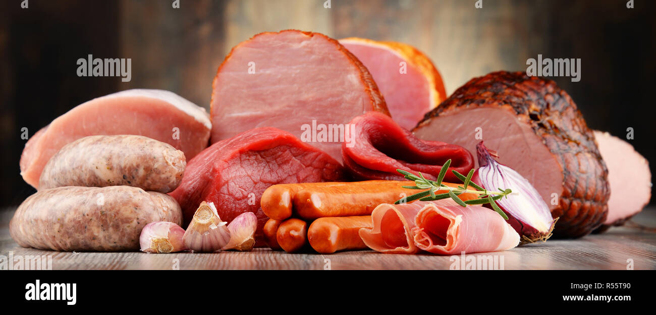 Meat products including ham and sausages Stock Photo - Alamy