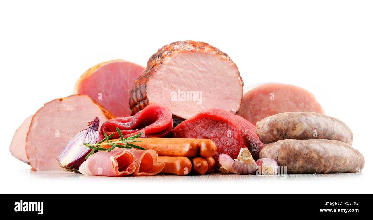 Meat products including ham and sausages isolated on white Stock Photo ...