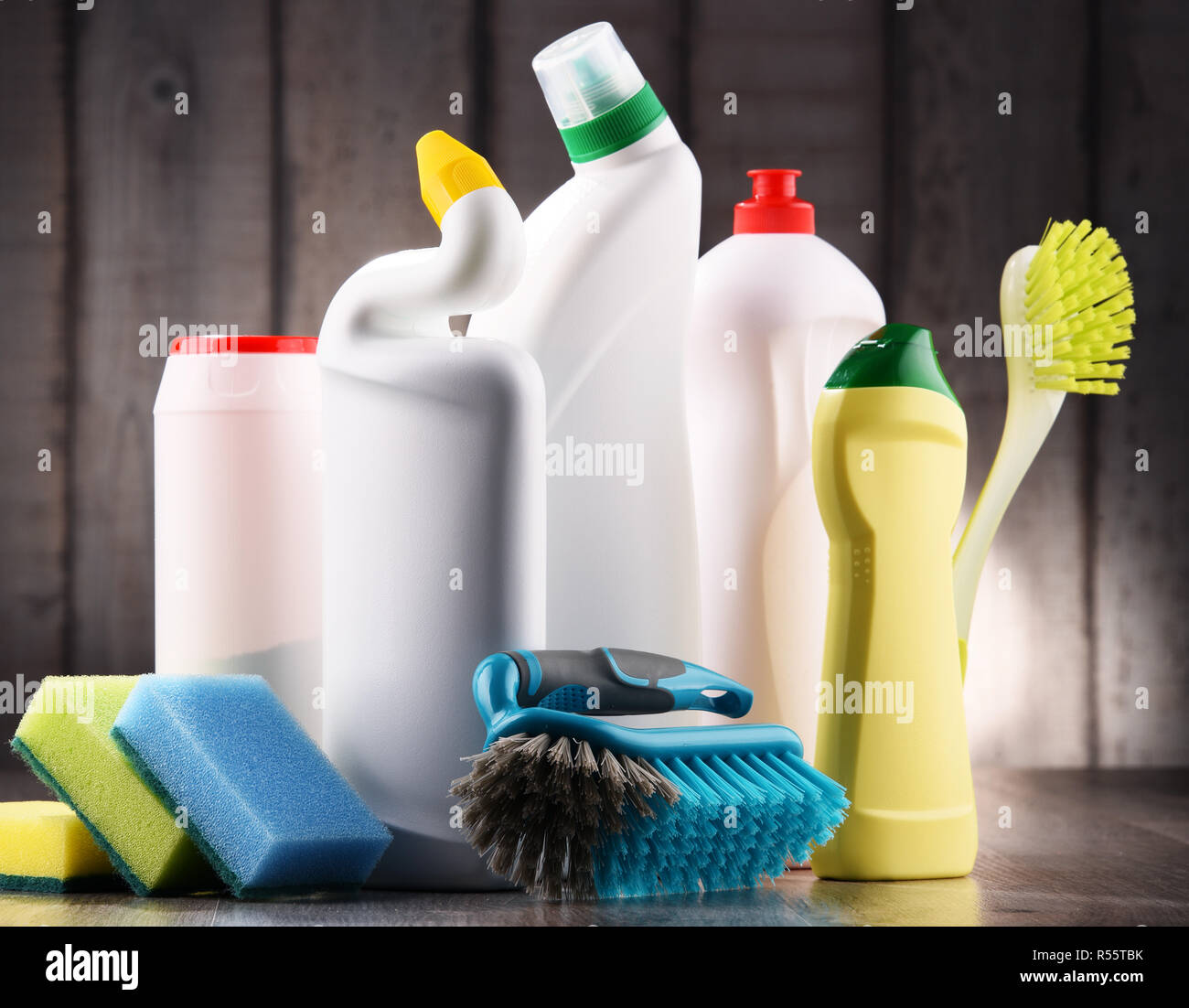 Variety of detergent bottles and chemical cleaning supplies Stock Photo ...