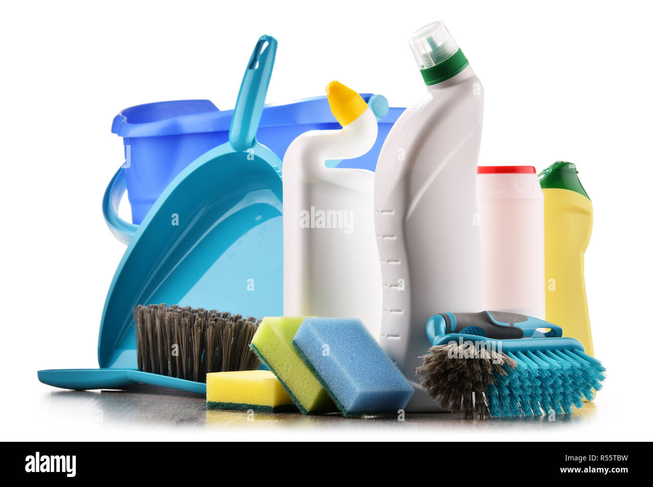 Variety of detergent bottles and chemical cleaning supplies Stock Photo ...