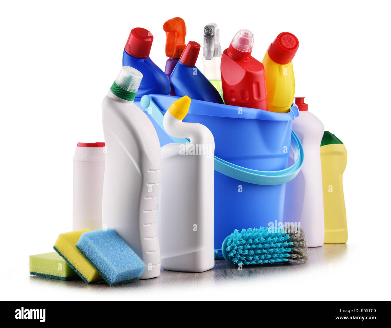 Variety of detergent bottles and chemical cleaning supplies Stock Photo ...